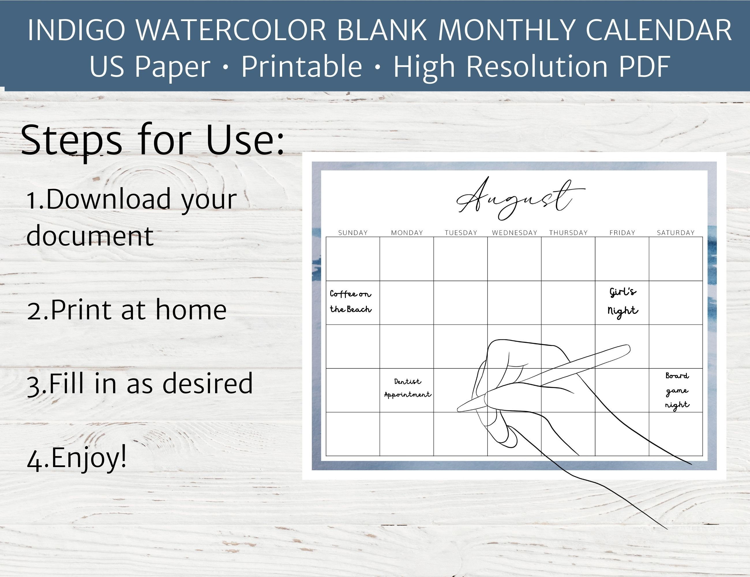 Indigo Watercolor Calendar Printable, Instant Download Monthly Blank ...