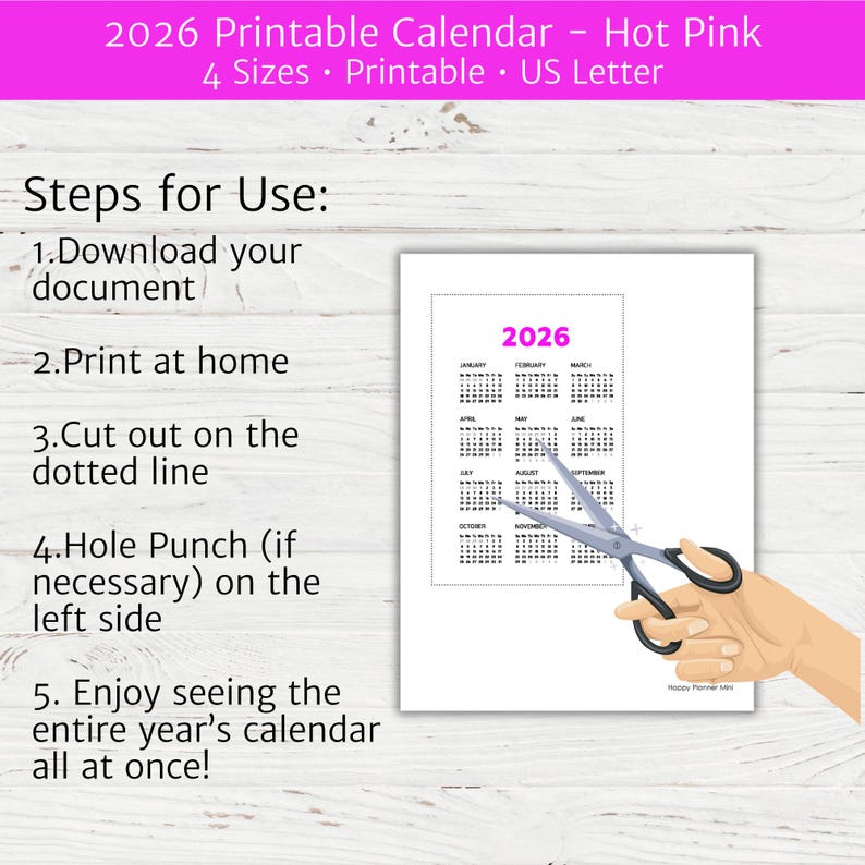 Hot Pink 2026 Calendar, 2026 Printable Calendar, 12 Month Desk Calendar ...