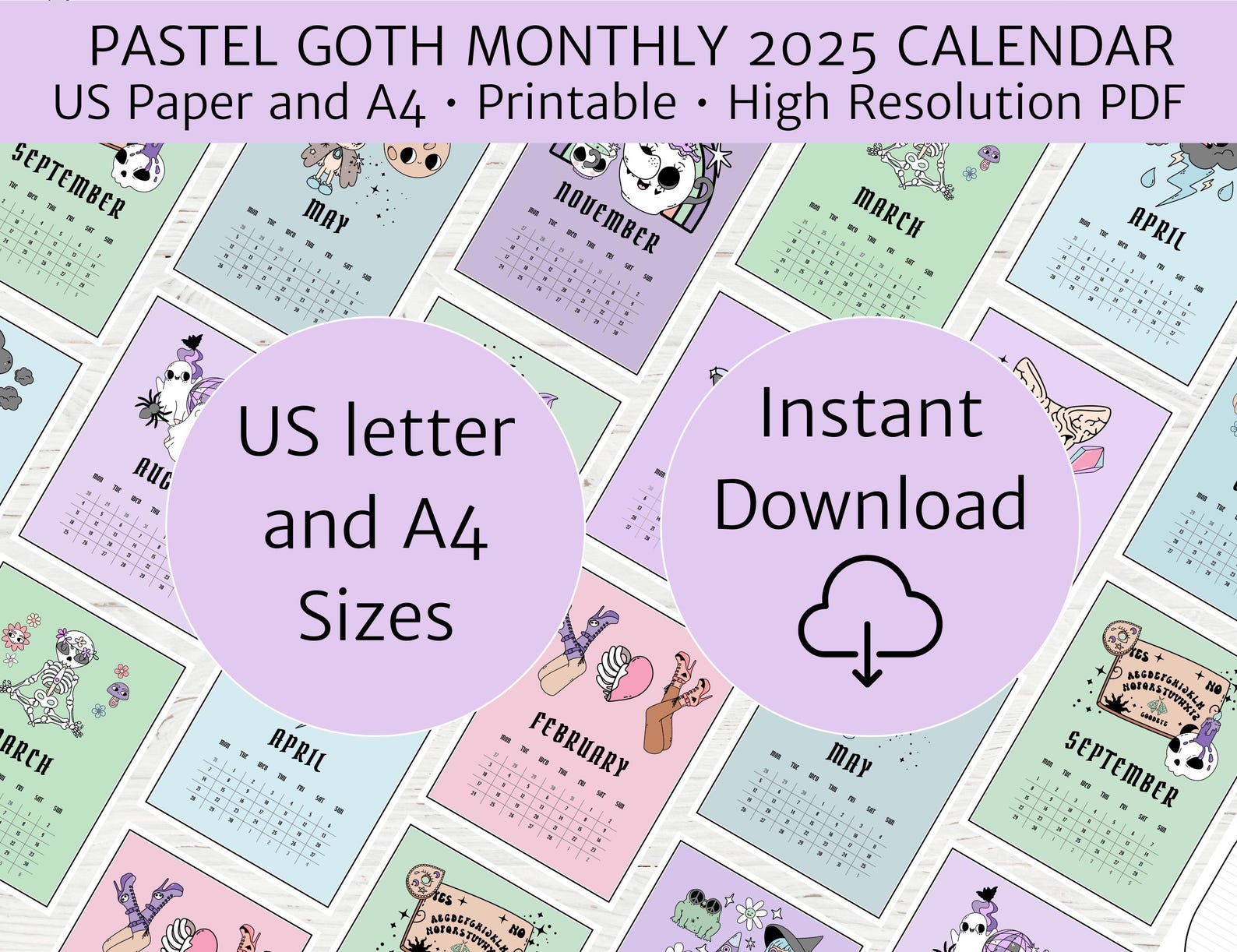 Pastel Goth Printable 2025 Calendar, Pastel Goth Planner, Monthly ...
