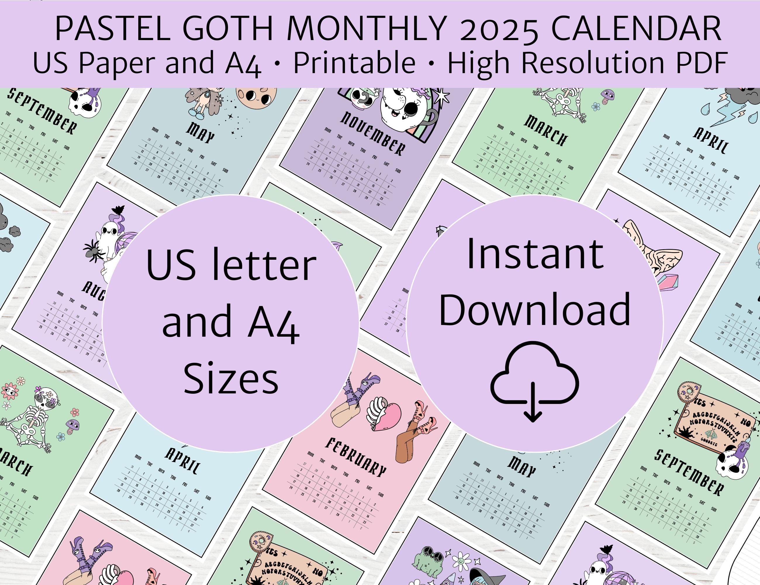 Pastel Goth Printable 2025 Calendar, Pastel Goth Planner, Monthly ...