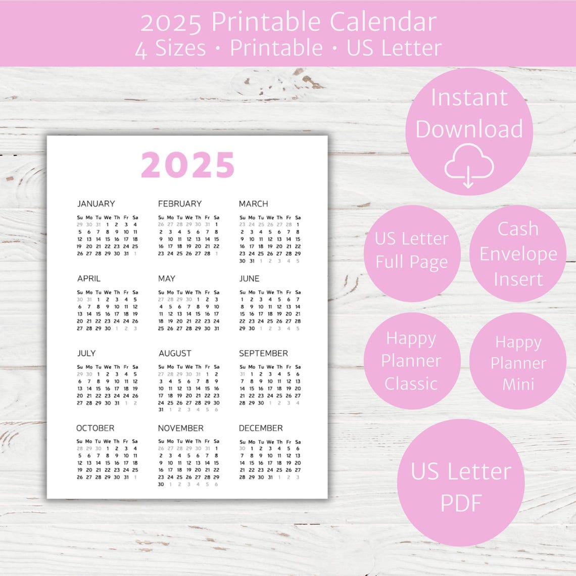 Pink 2025 Calendar, 2025 Printable Calendar, 12 Month Desk Calendar ...