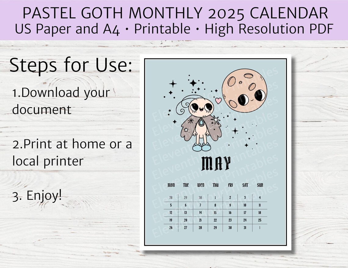 Pastel Goth Printable 2025 Calendar, Pastel Goth Planner, Monthly ...