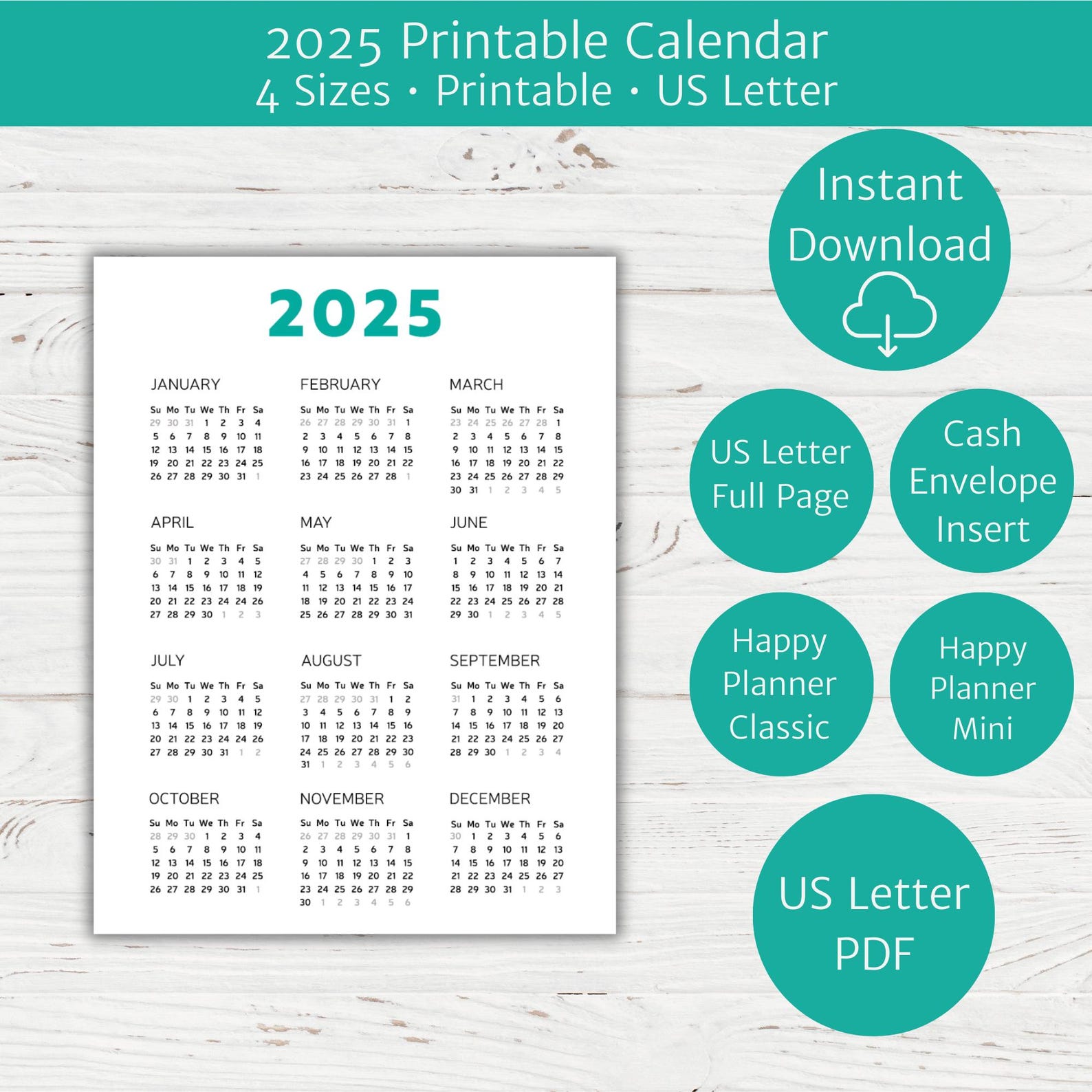 Teal Turquoise 2025 Calendar, 2025 Printable Calendar,12 Month Desk ...