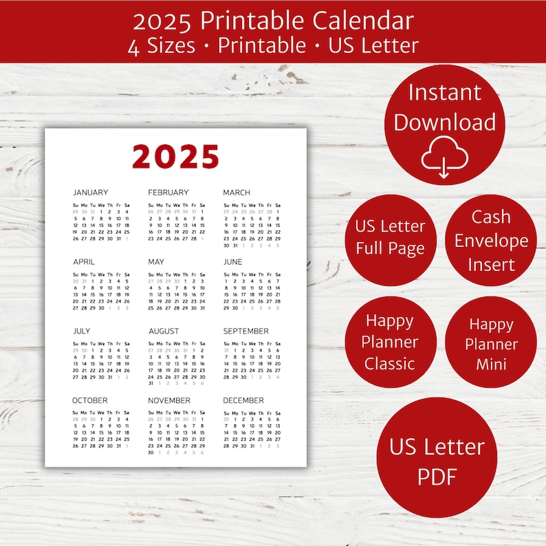 Red Crimson 2025 Calendar, 2025 Printable Calendar, 12 Month Desk ...
