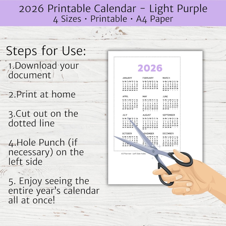 A4 - Light Purple 2026 Calendar, 2026 Printable Calendar, 12 Month Desk ...