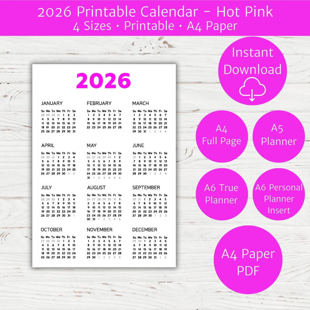 A4 - Hot Pink 2026 Calendar, 2026 Printable Calendar, 12 Month Desk ...