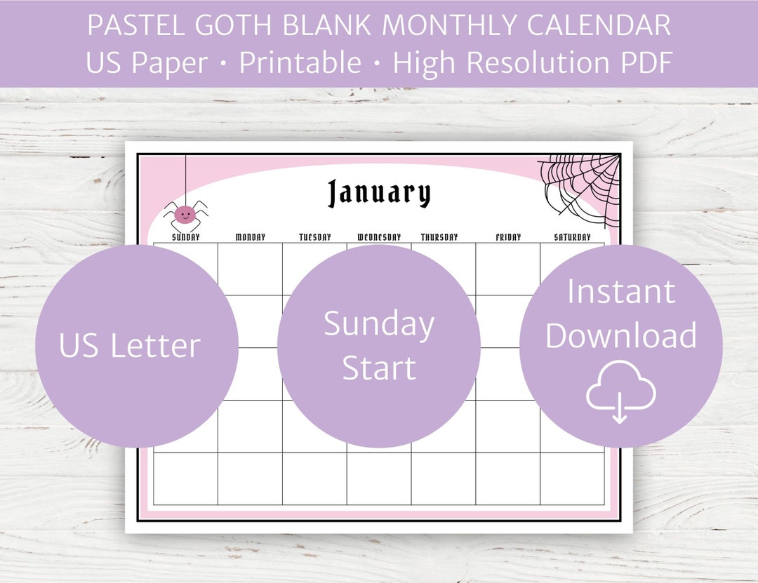 Pastel Goth Printable Blank Calendar, Pastel Goth Planner, Monthly ...