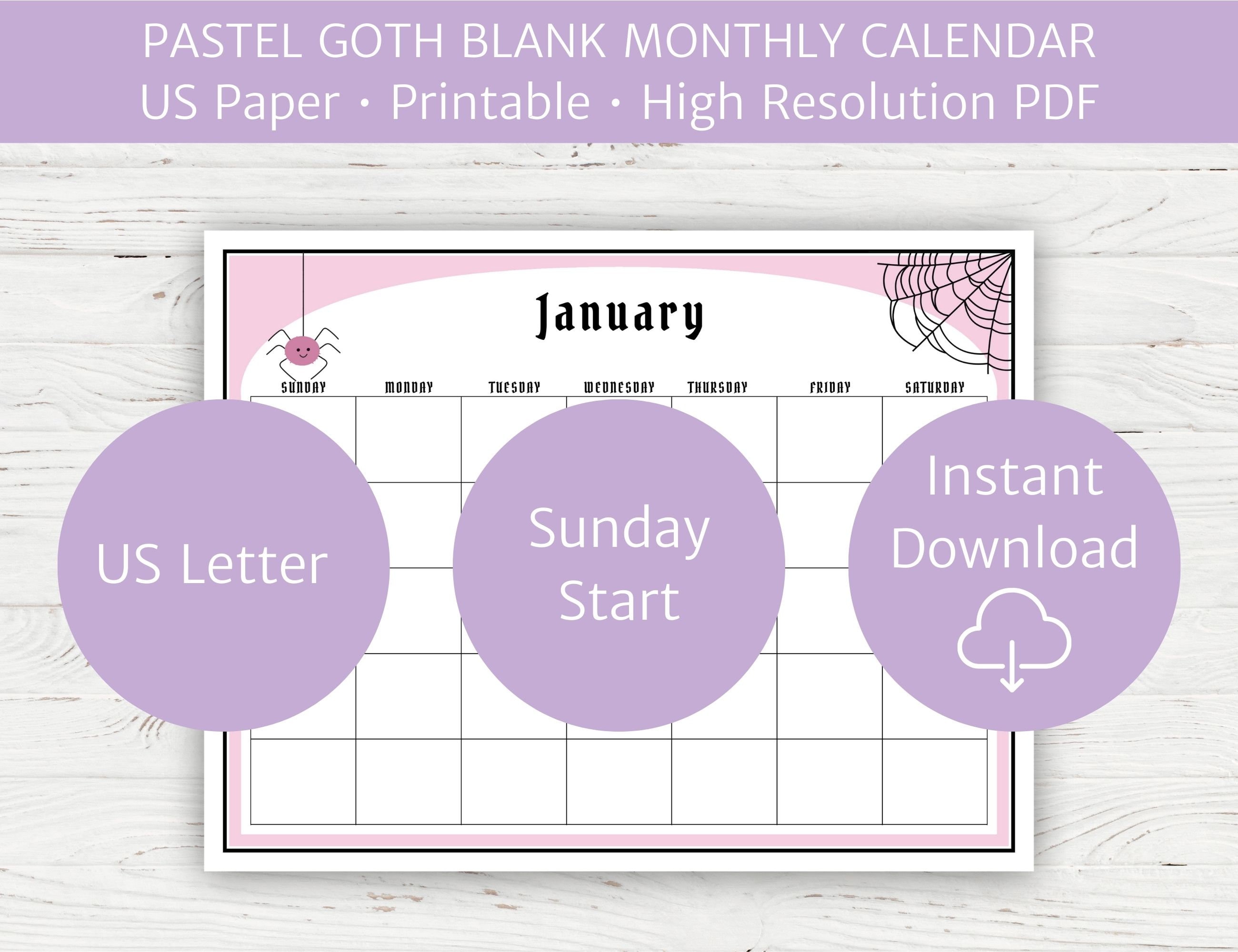 Pastel Goth Printable Blank Calendar, Pastel Goth Planner, Monthly ...