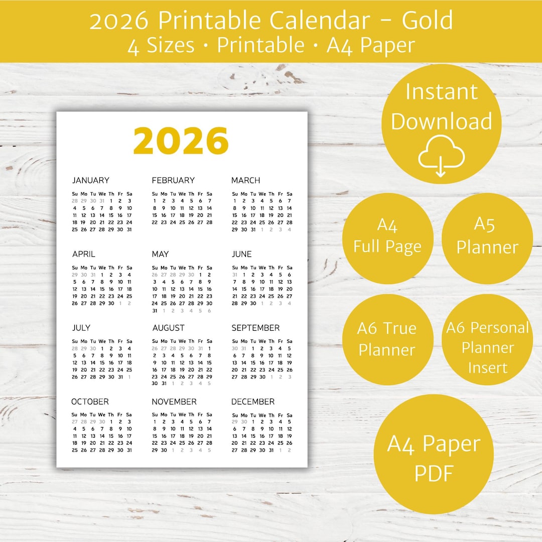 A4 - 2026 Calendar, 2026 Printable Calendar, 12 Month Desk Calendar ...
