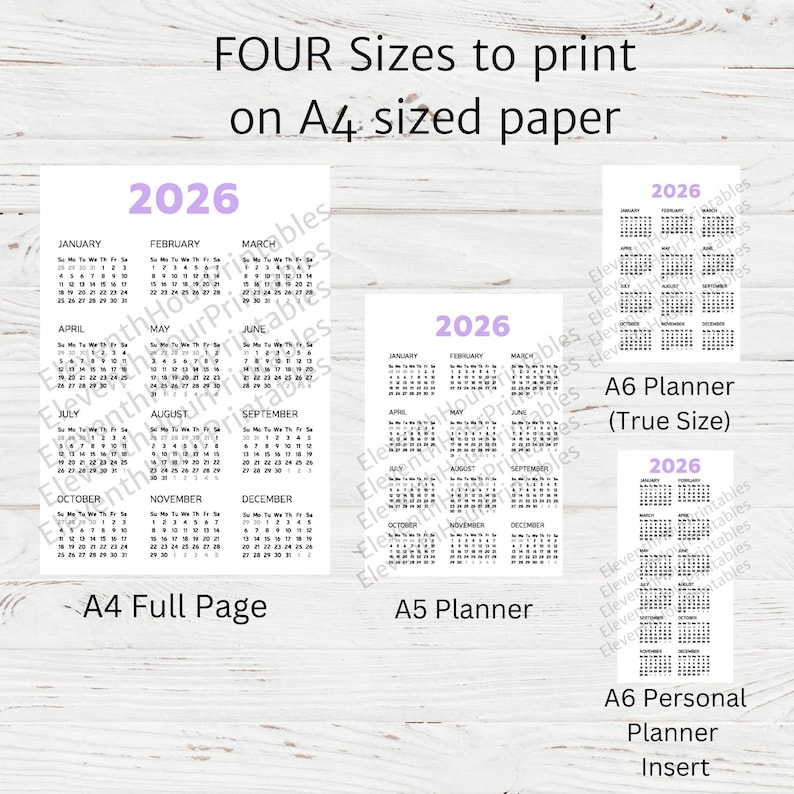A4 - Light Purple 2026 Calendar, 2026 Printable Calendar, 12 Month Desk ...