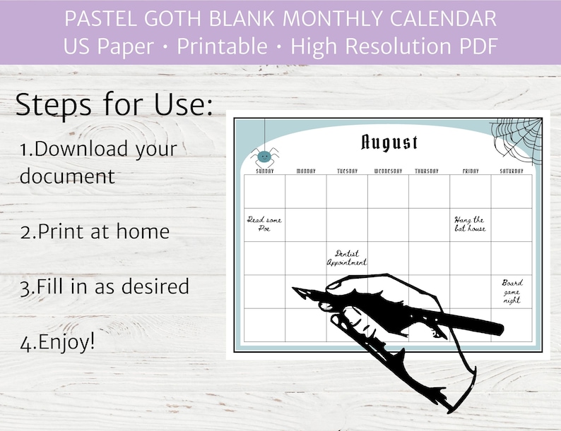 Pastel Goth Printable Blank Calendar, Pastel Goth Planner, Monthly ...