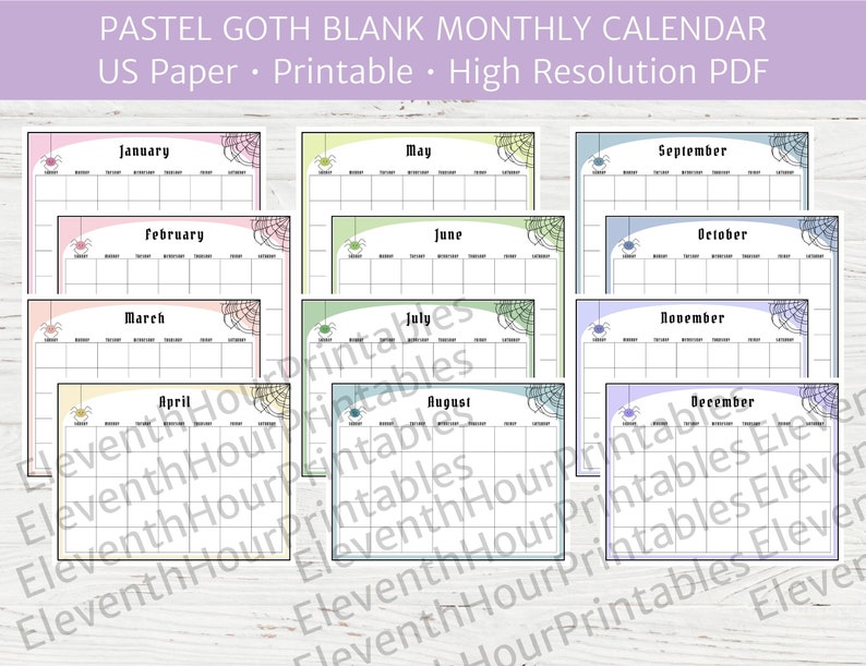 Pastel Goth Printable Blank Calendar, Pastel Goth Planner, Monthly ...