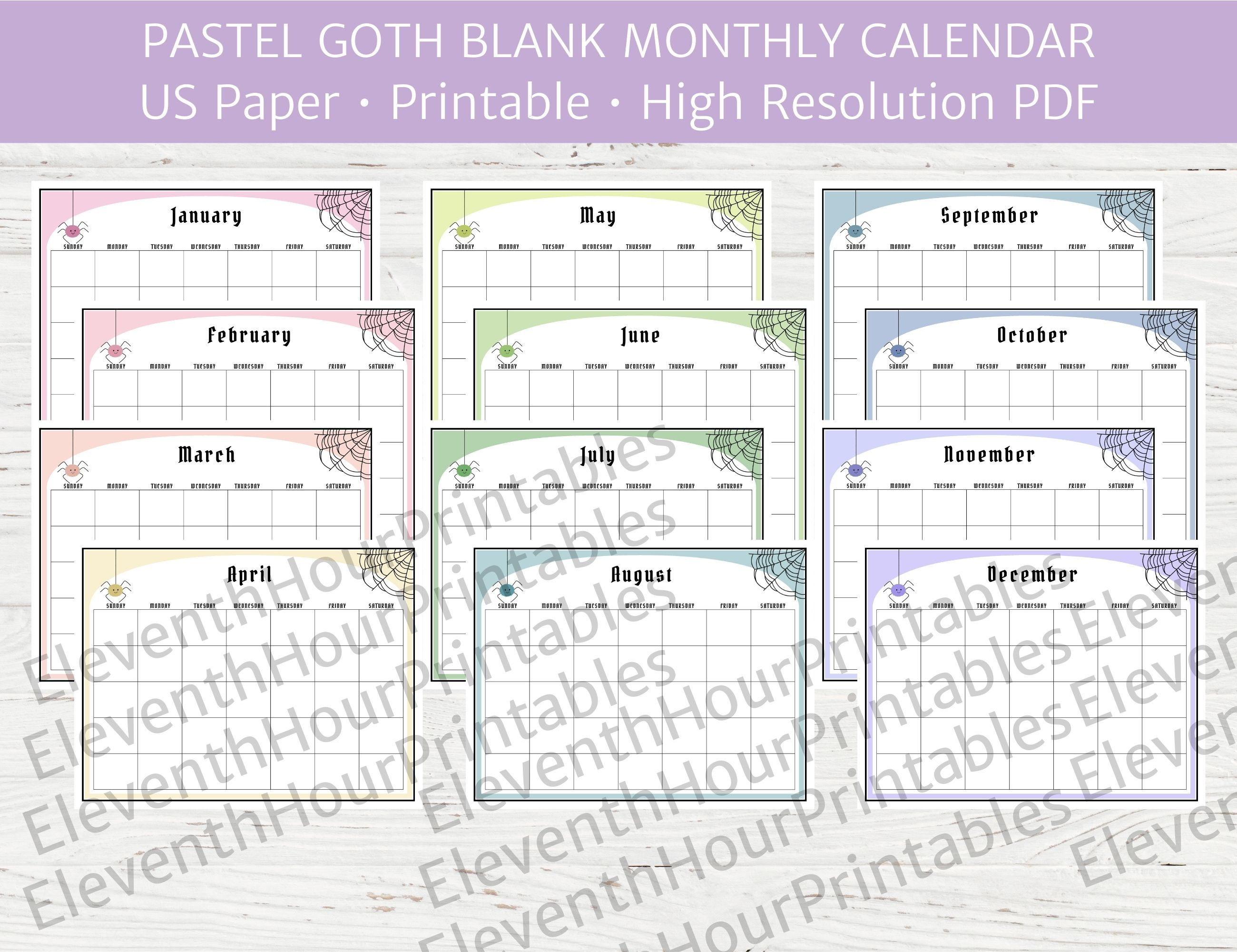 Pastel Goth Printable Blank Calendar, Pastel Goth Planner, Monthly ...