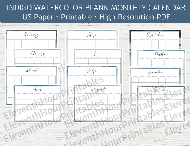 Indigo Watercolor Calendar Printable, Instant Download Monthly Blank ...