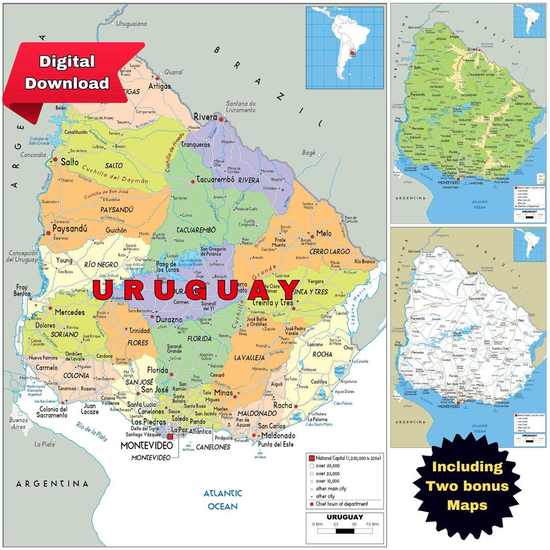 Uruguay Printable Map Set: Political, Topographical & Road (digital ...