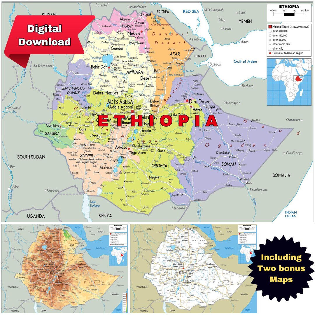 Printable Ethiopia Political Map + Topography & Roads - Etsy