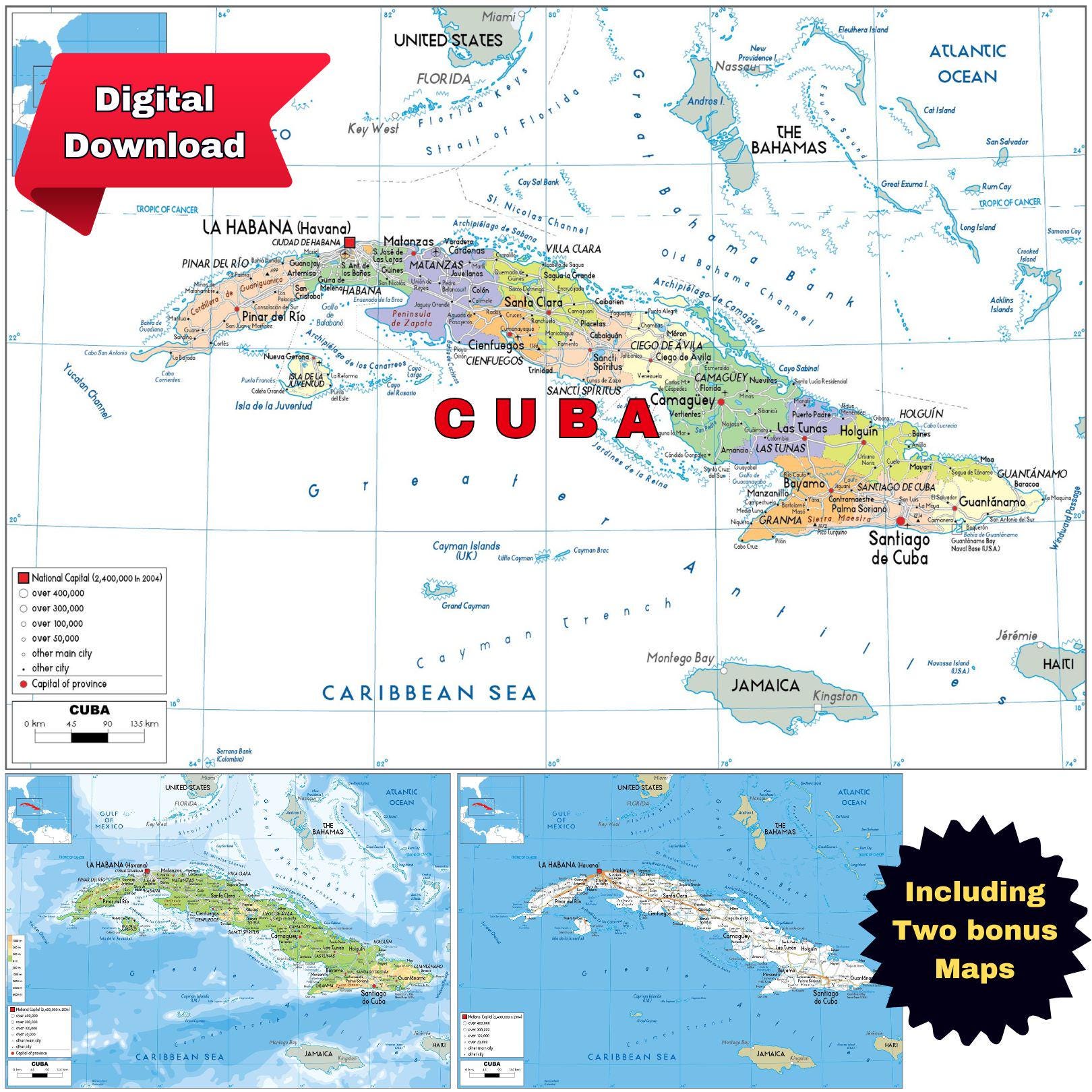 Printable Political Map of CUBA + Topography & Roads - Etsy