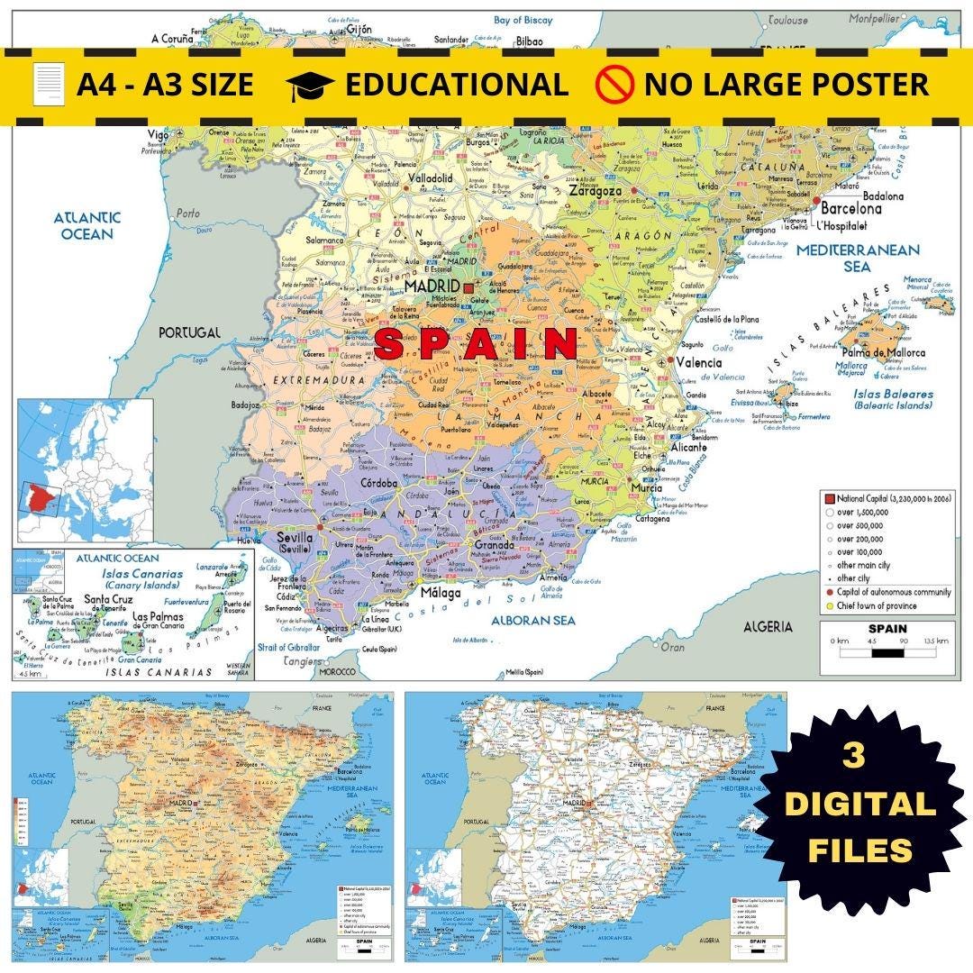 SPAIN Detailed Political Map + 2 Bonus: Topography and Road Network ...