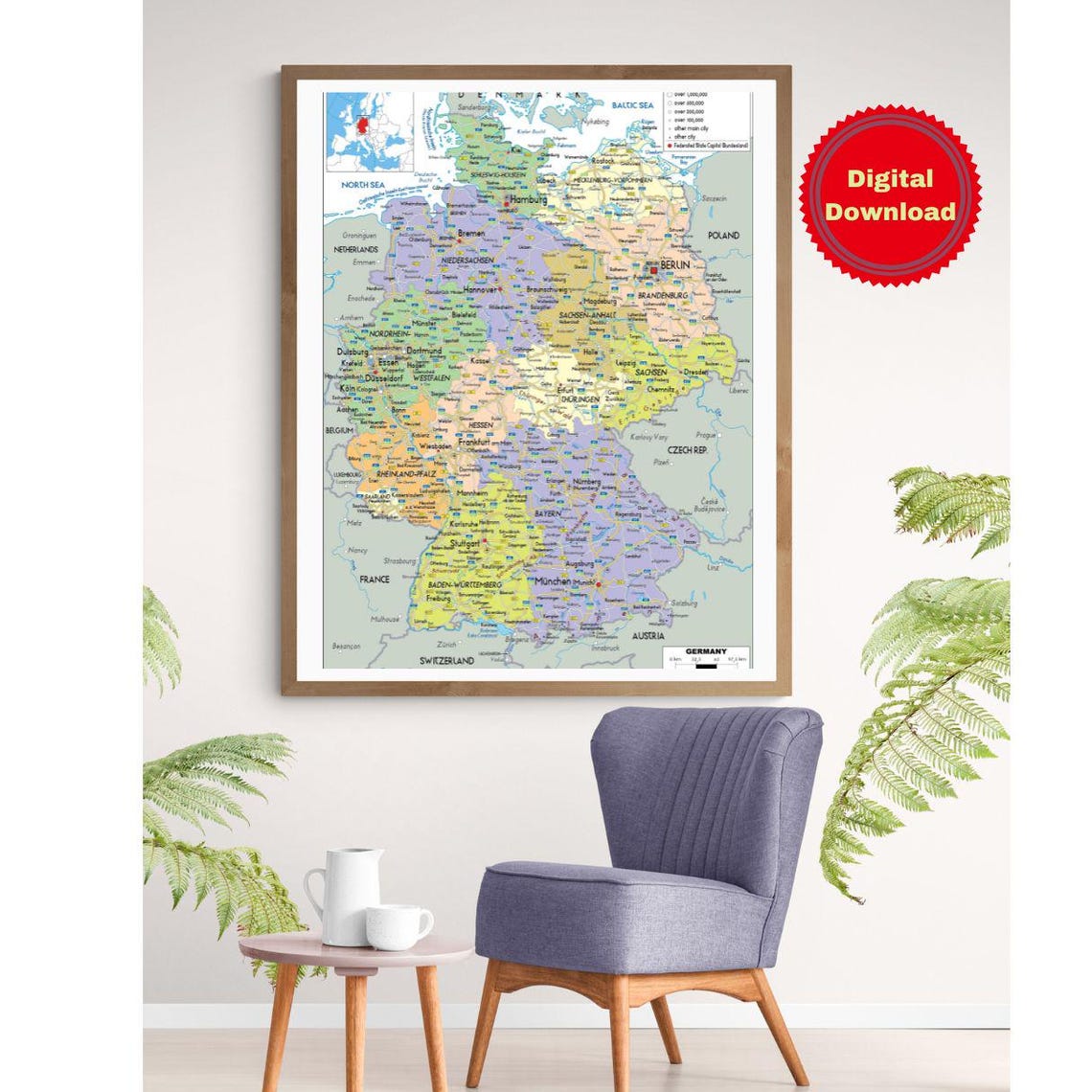 Germany Printable Political Map Detailed DIGITAL Mapping with Cities ...