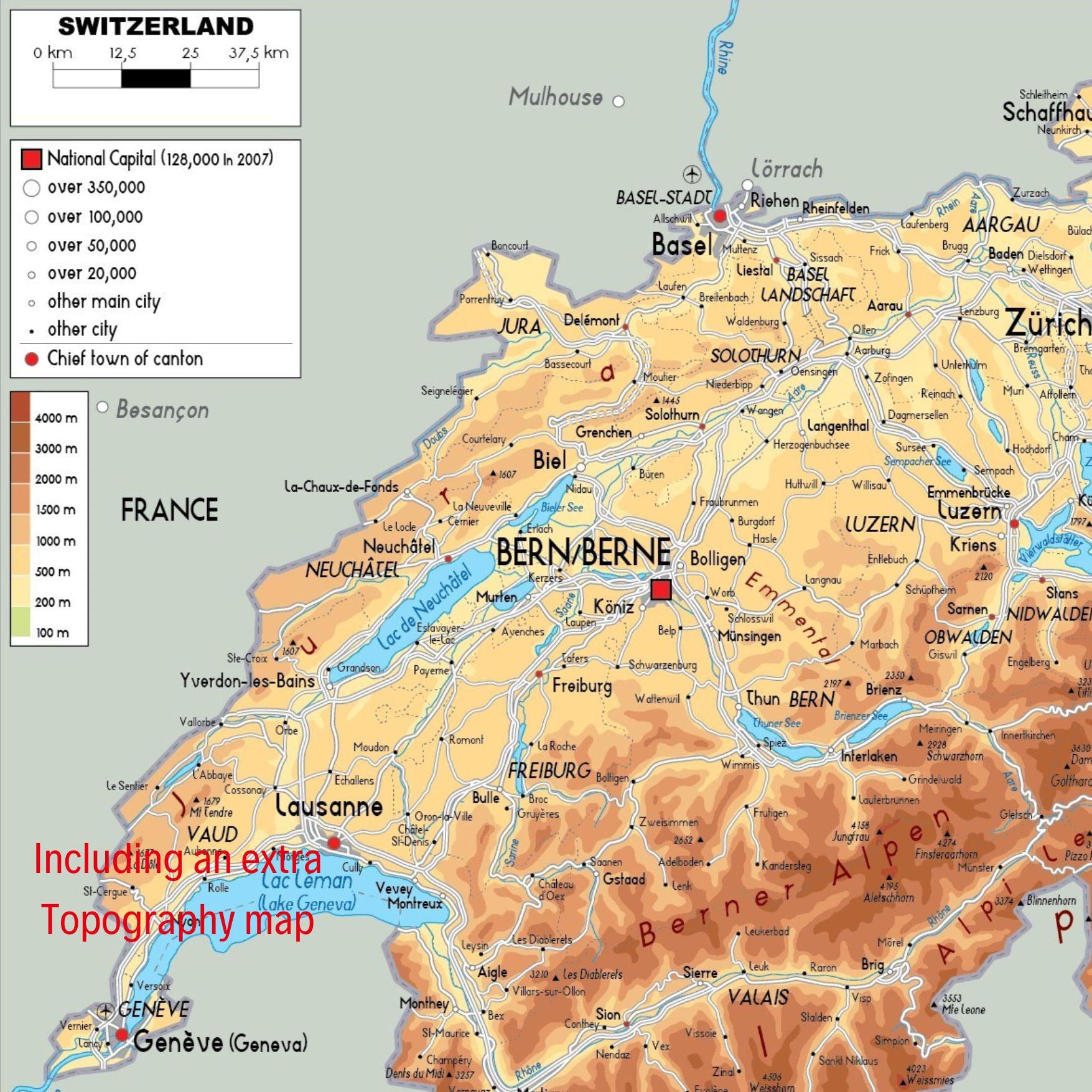 Switzerland Political Map Printable + Roads & Topography - Etsy