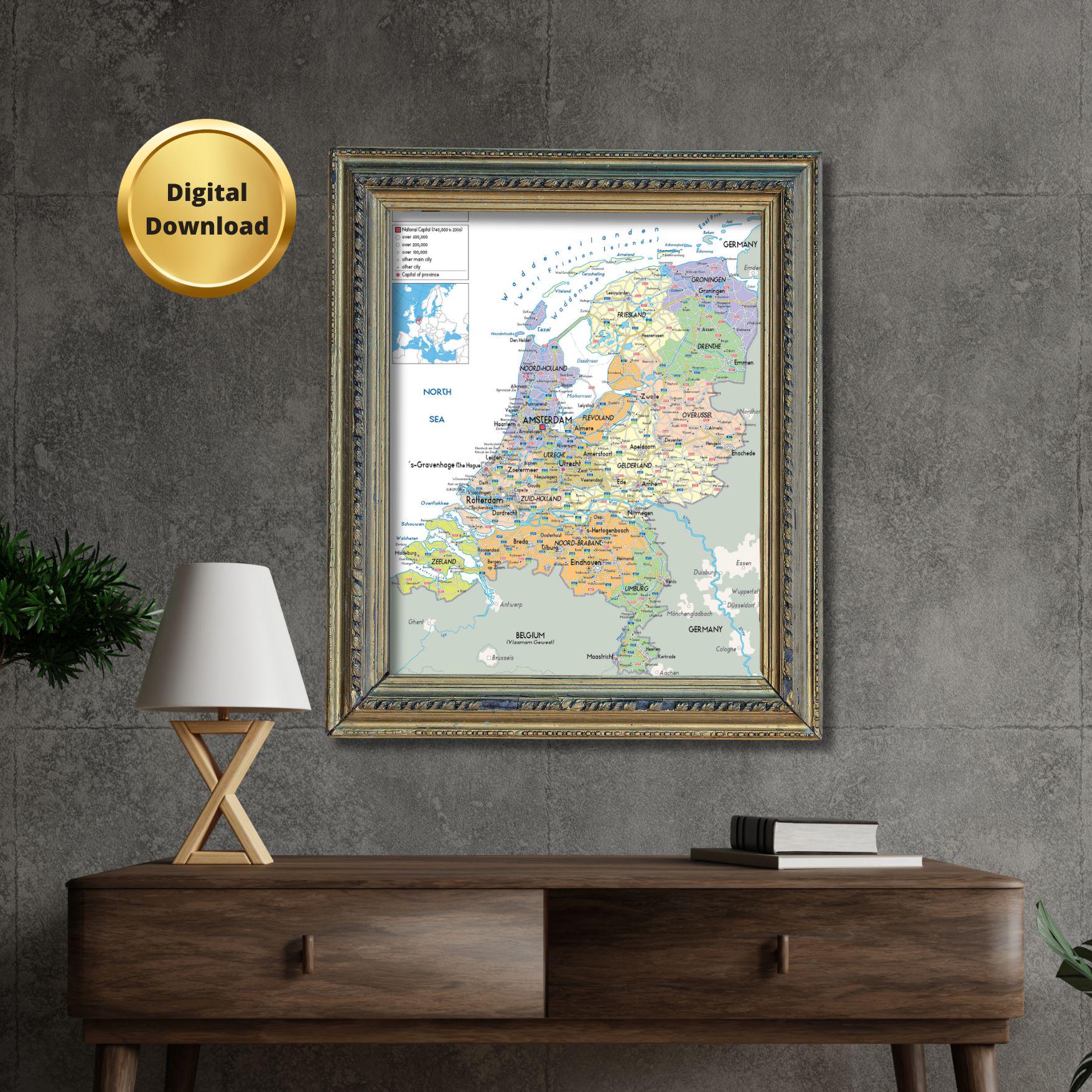 Printable Netherlands Political Map + Topography & Roads - Etsy
