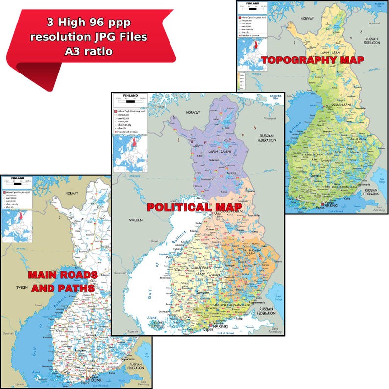 Finland Political Map + Physical & Road (printable A3) - Etsy