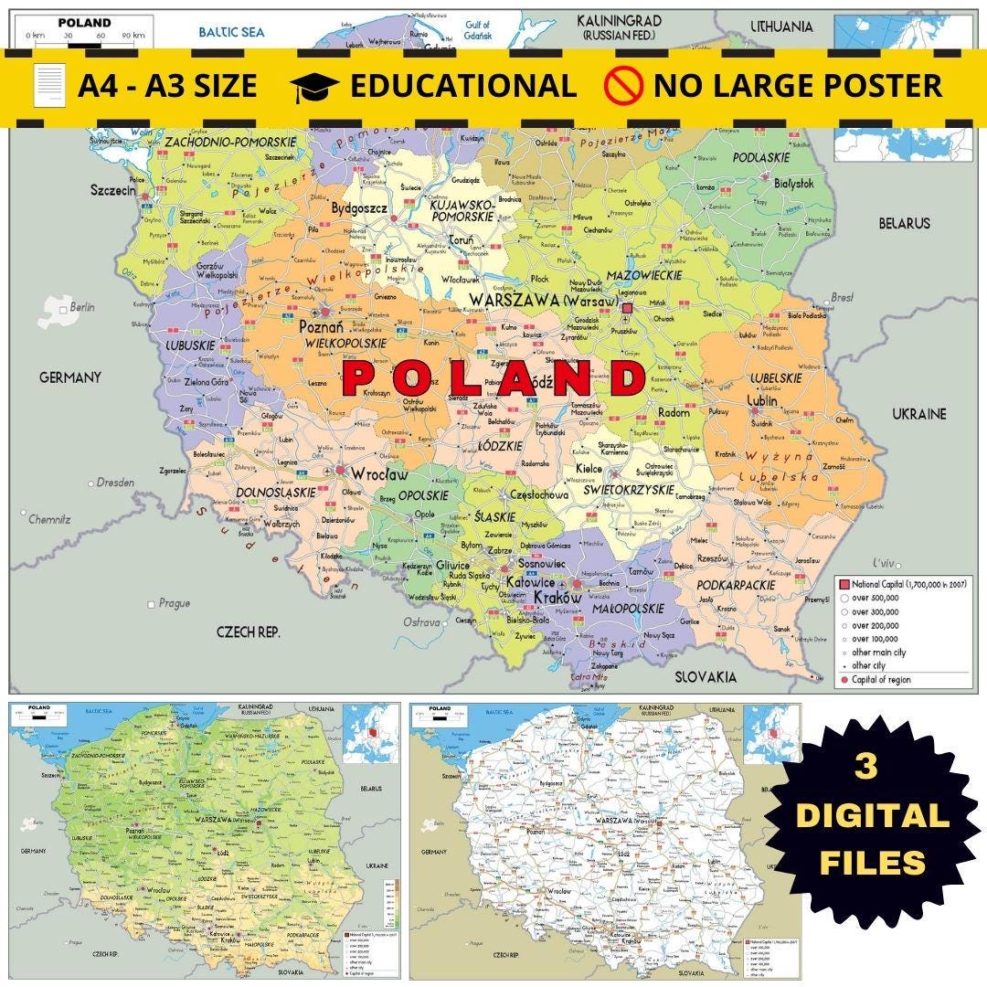 Printable Poland Map Set Political, Topographic & Roads - Etsy