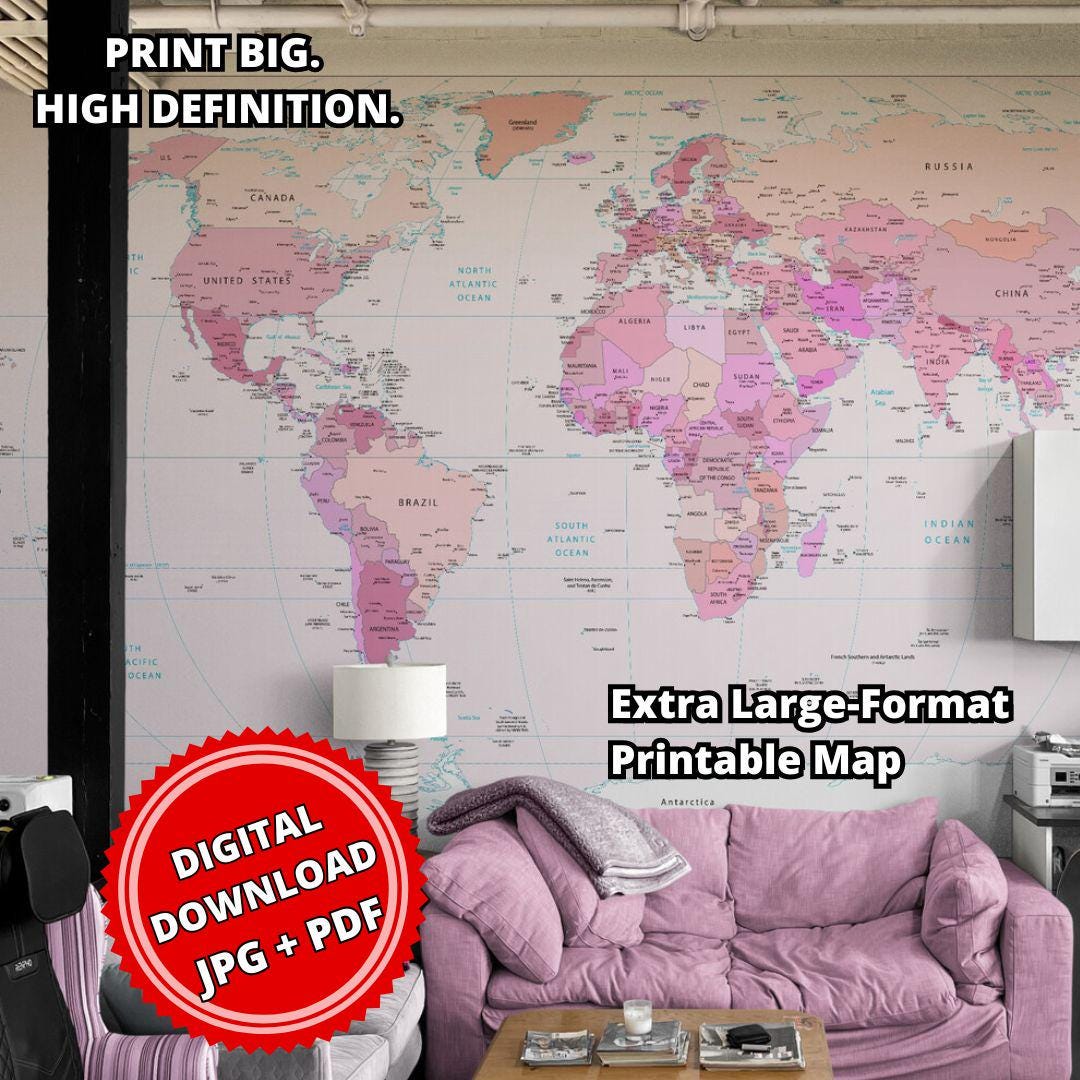 Political World Map Pink Edition, Ultra Large & Scalable Digital Print ...