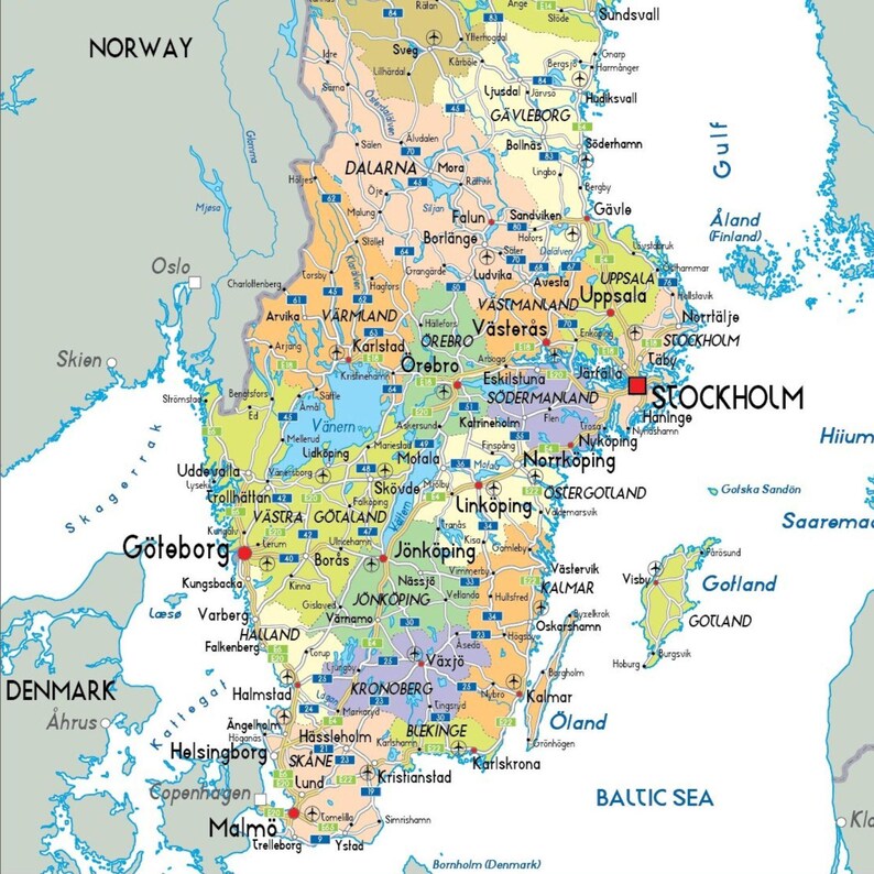 Printable SWEDEN Political Map + 2 Bonus Roads & Topographical - Etsy