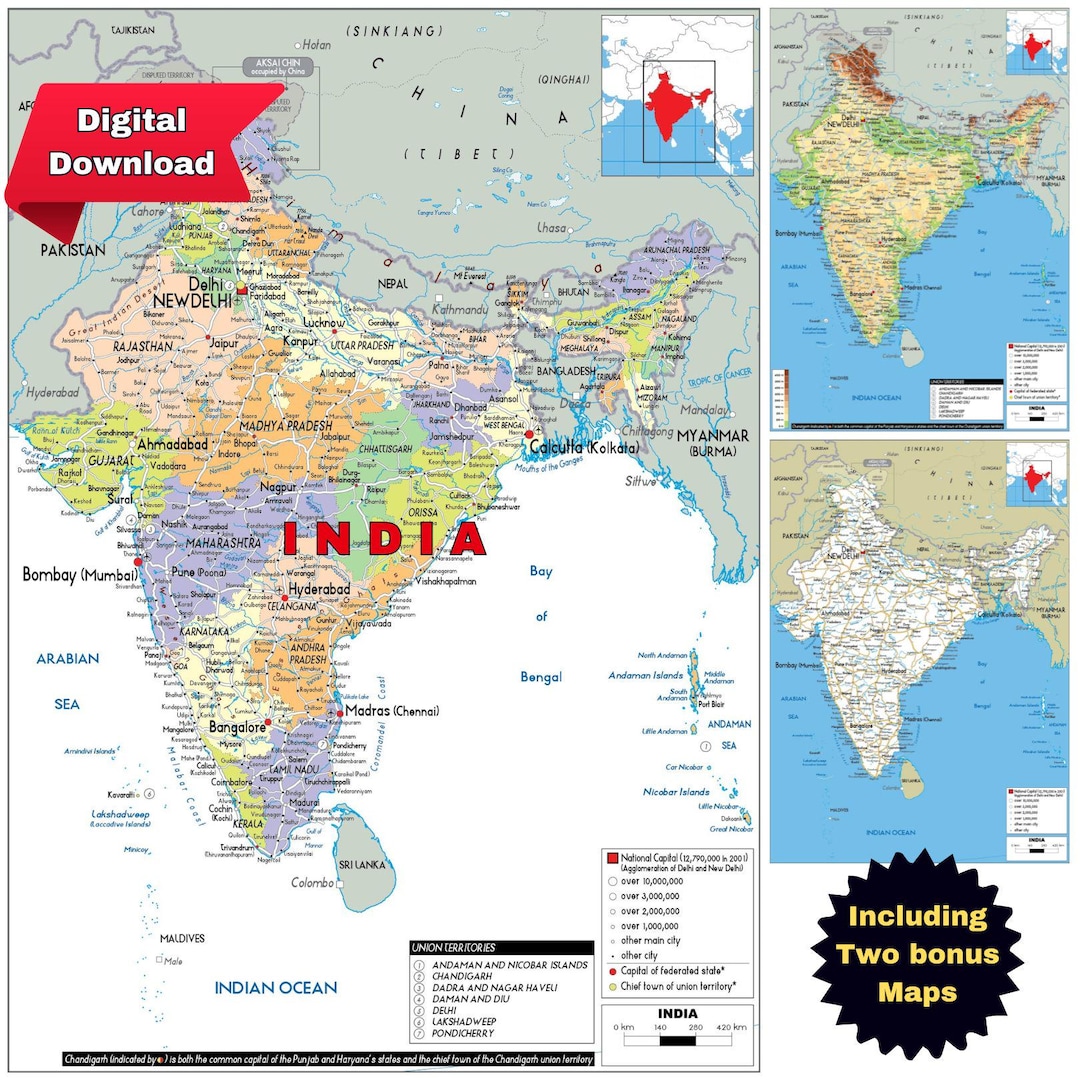 Detailed Printable INDIA Map Political, Topography & Roads A3 Format ...
