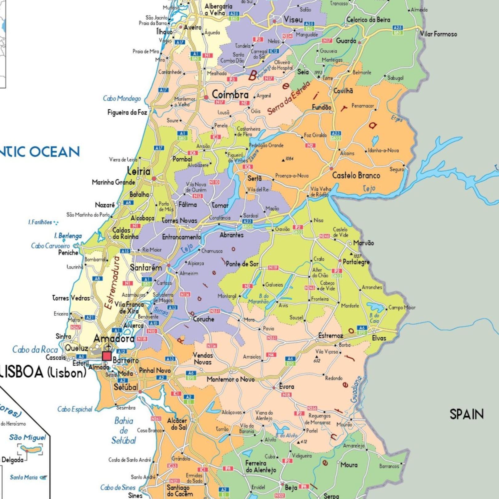 Detailed Map of Portugal - Political, Topographical & Roads - Etsy