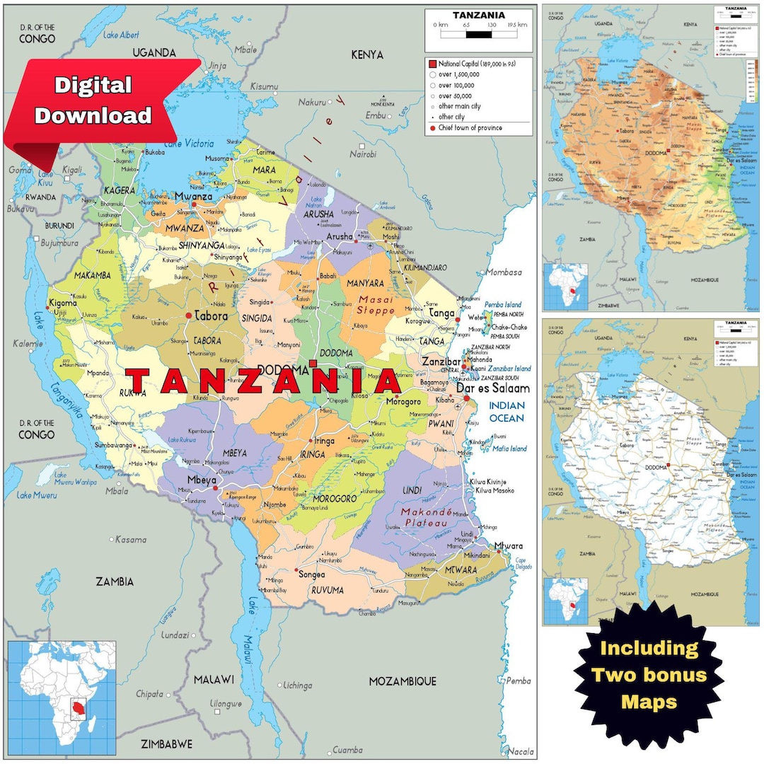 Printable Tanzania Political Map + Topography & Roads - Etsy UK