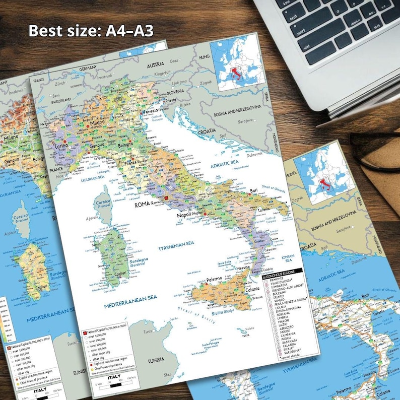 Italy Political DIGITAL Map Printable With Regions Cities Borders & 2 ...