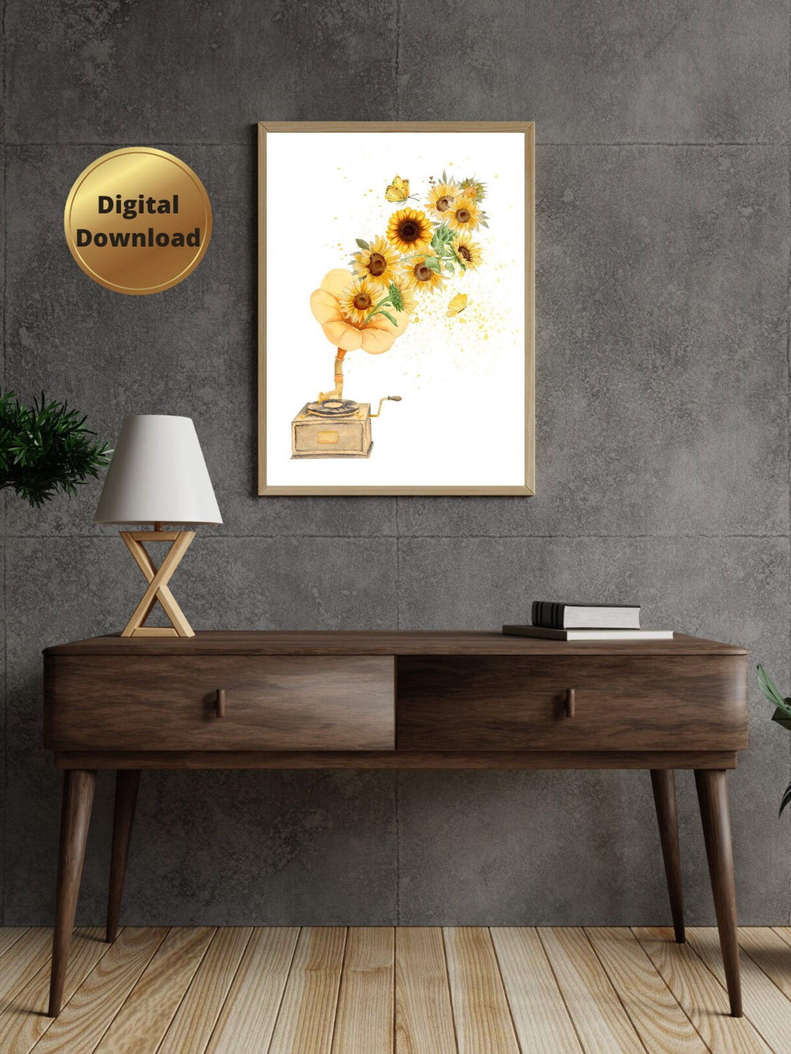 Printable Phonograph and sunflowers wall decor, Vintage Record Player ...