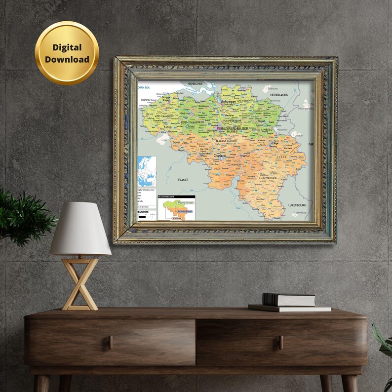 BELGIUM Printable Political Map A3 Digital Download With Topography ...