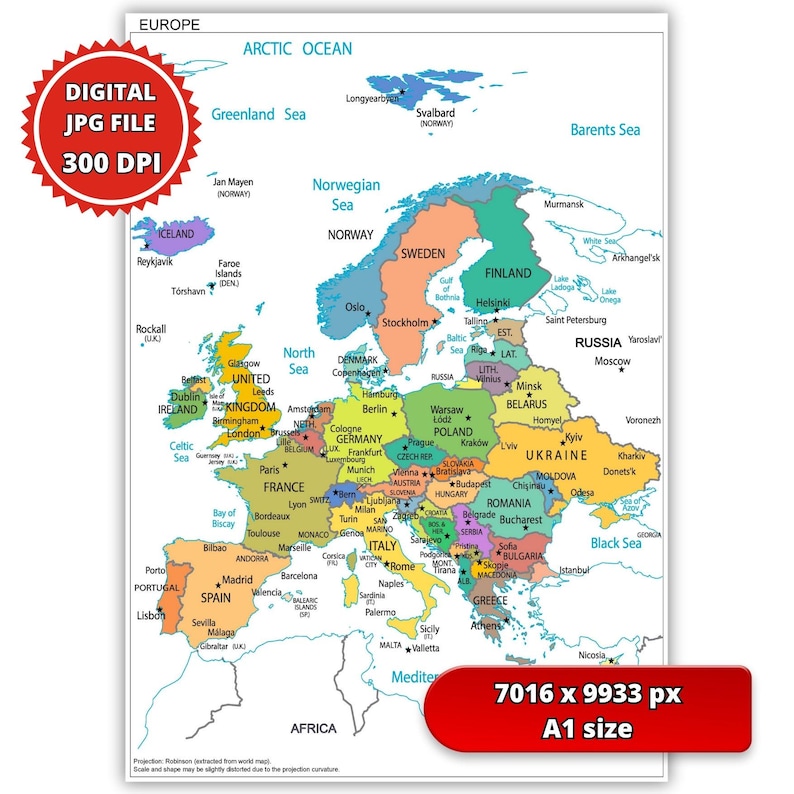 Map of Europe – High Resolution 300 DPI Printable (A1 Size) JPG + PDF ...