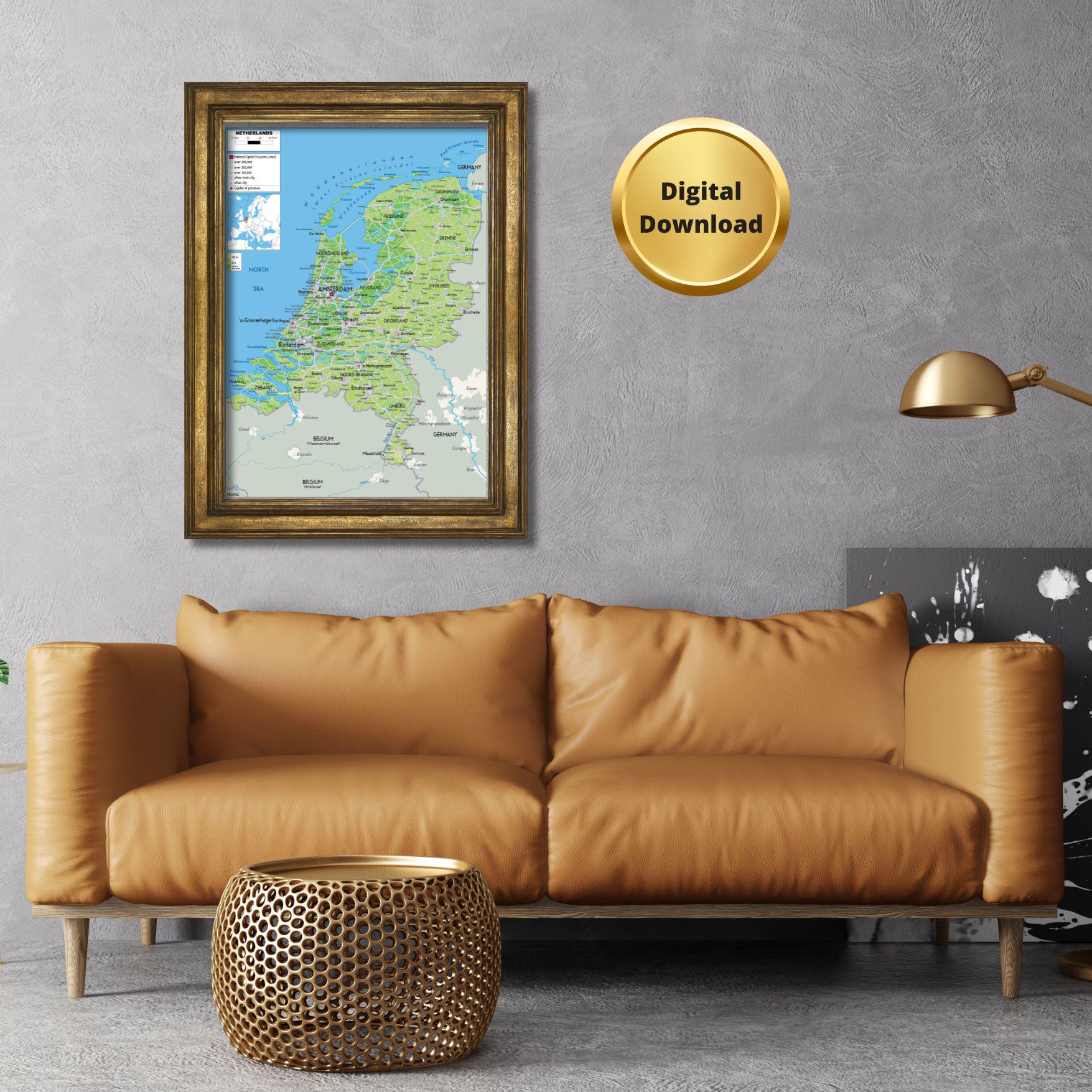 Printable Netherlands Political Map + Topography & Roads - Etsy