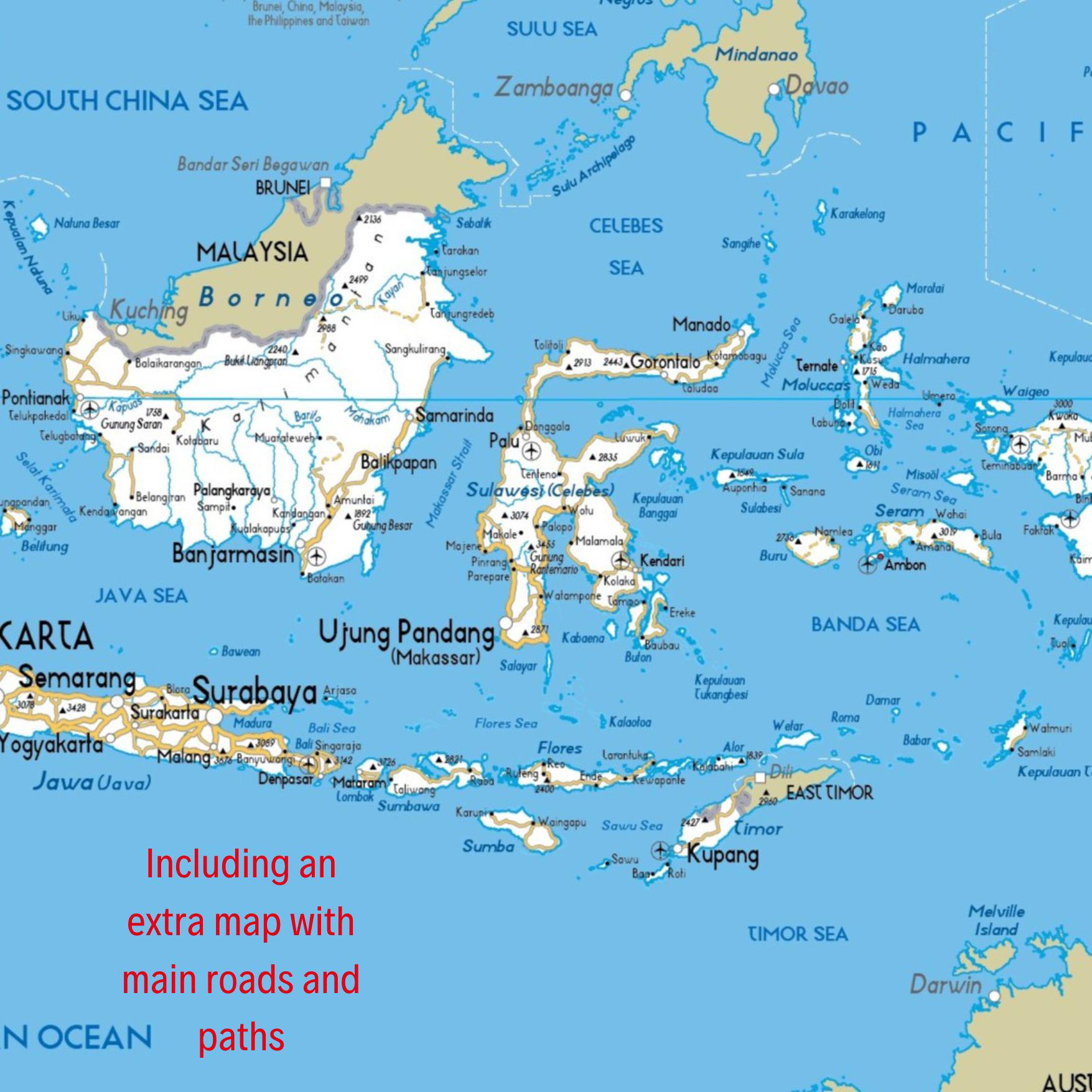 Indonesia Political Map and 2 Bonus Topography & Roads Digital Download ...