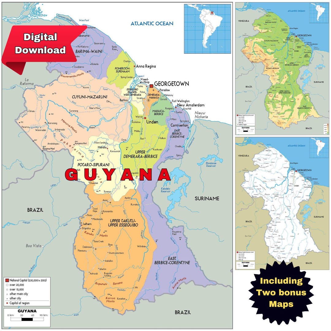 Guyana Digital Maps – Political, Physical & Road (printable) - Etsy