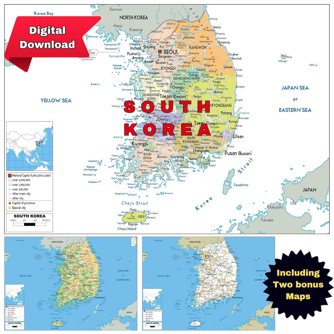 Very Detailed SOUTH KOREA Map Printable Set of 3 Political, Topographic ...