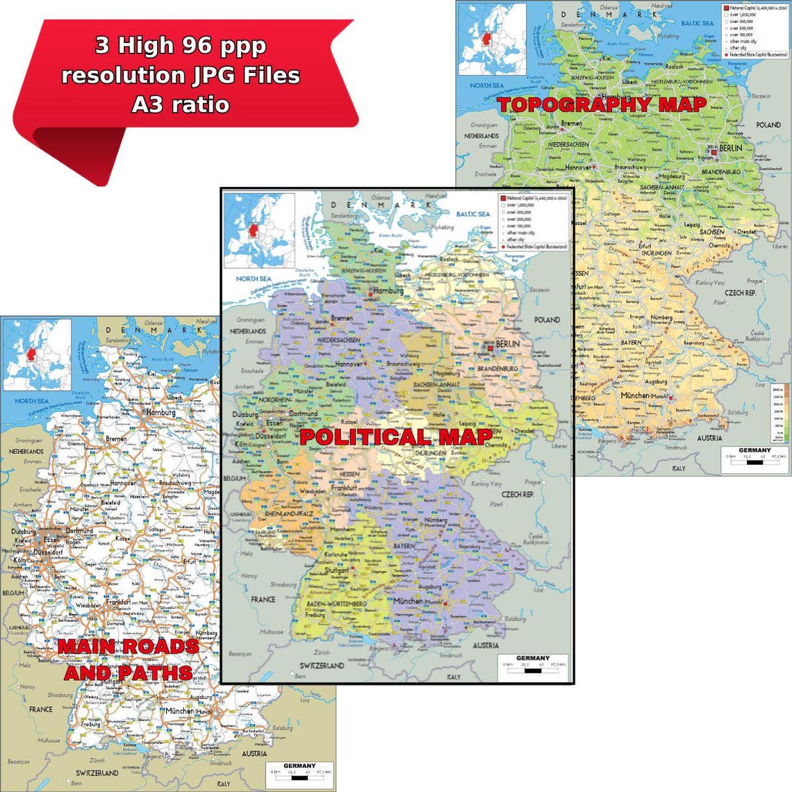 Germany Printable Political Map Detailed DIGITAL Mapping with Cities ...