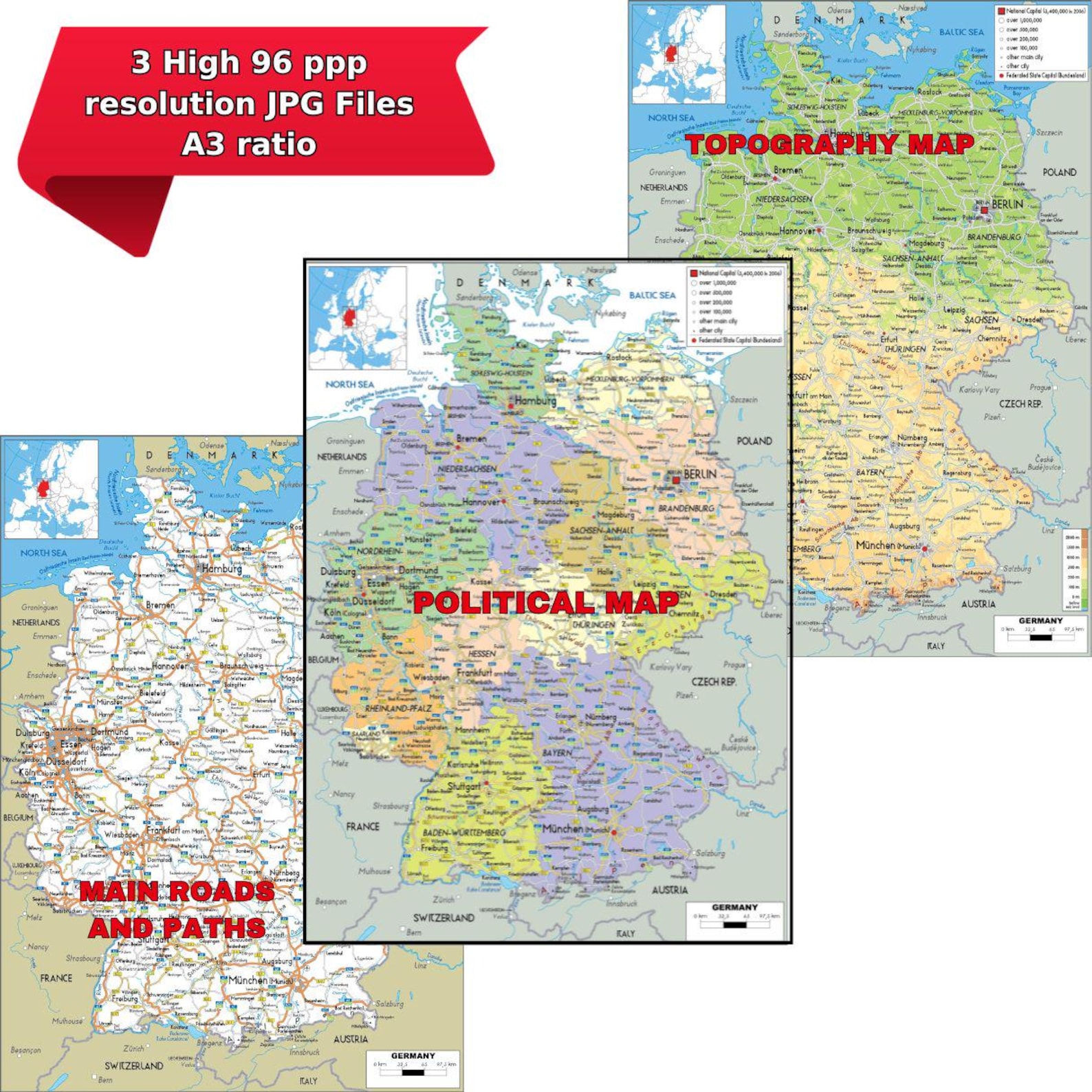 Germany Printable Political Map Detailed DIGITAL Mapping with Cities ...