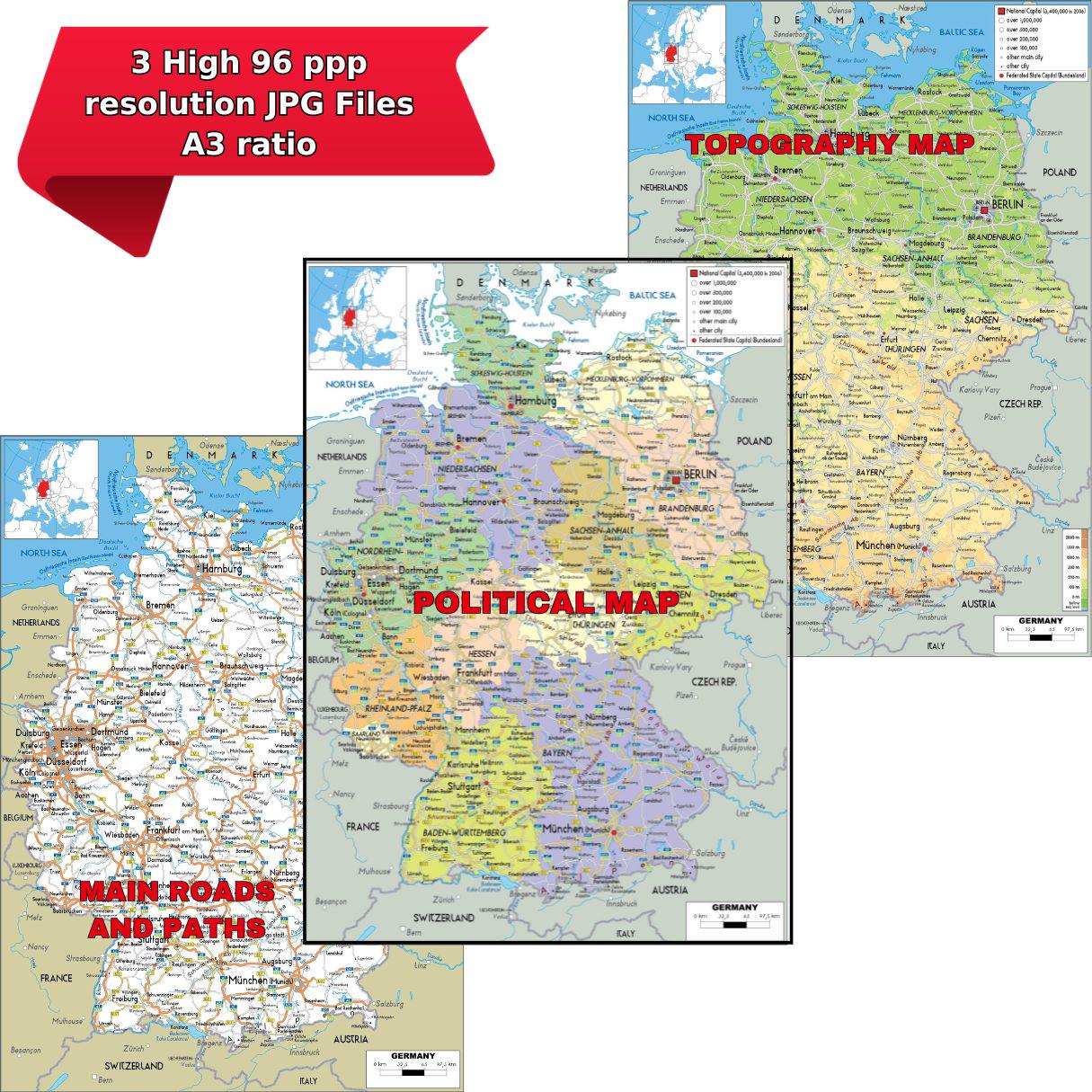 Germany Printable Political Map Detailed DIGITAL Mapping with Cities ...