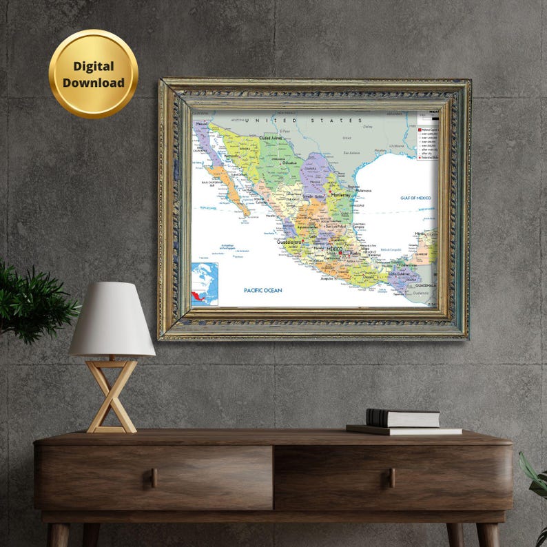 Colorful MEXICO Printable Political Map A3 Digital Download With ...