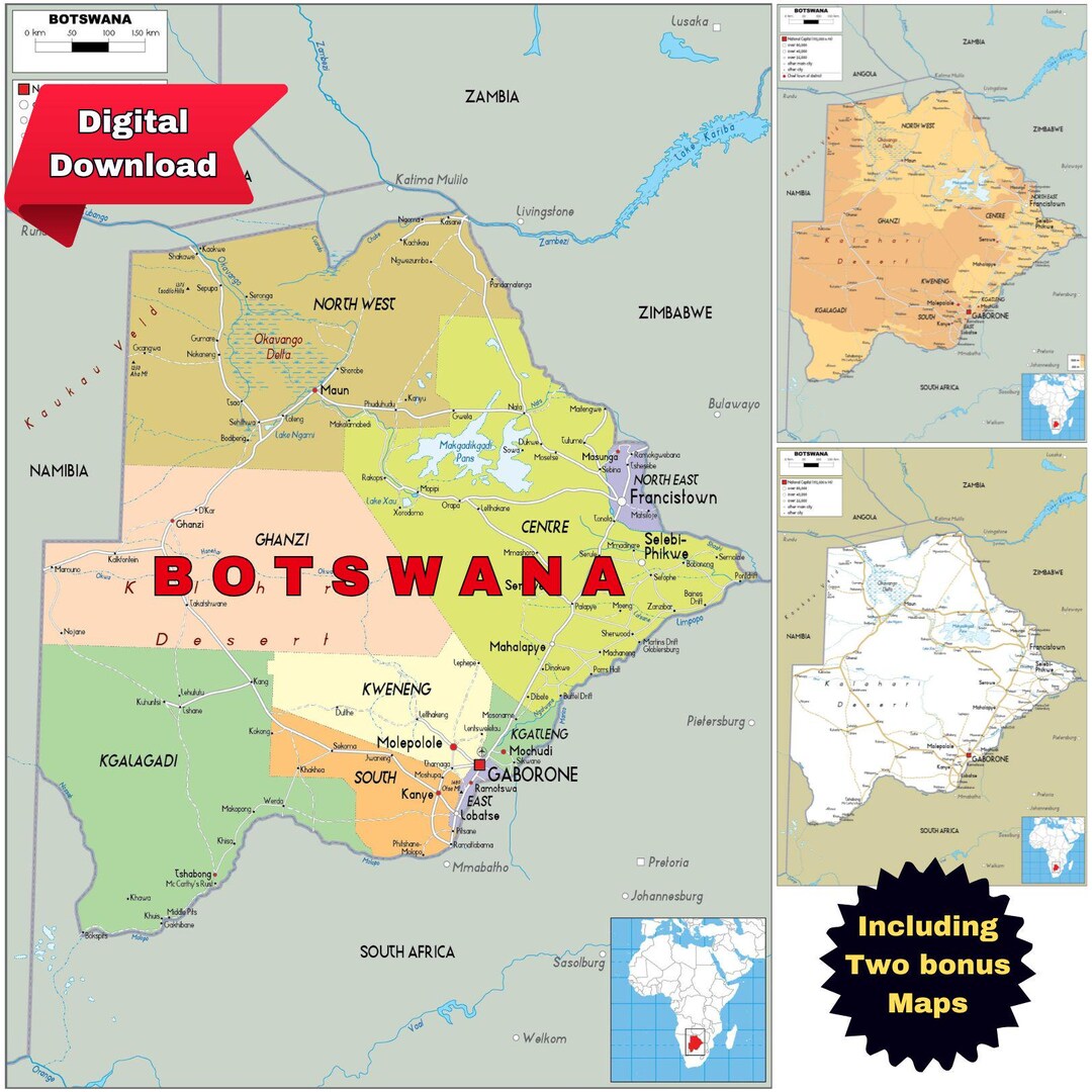 Map Set of Botswana: Political, Topographic & Road (printable) - Etsy