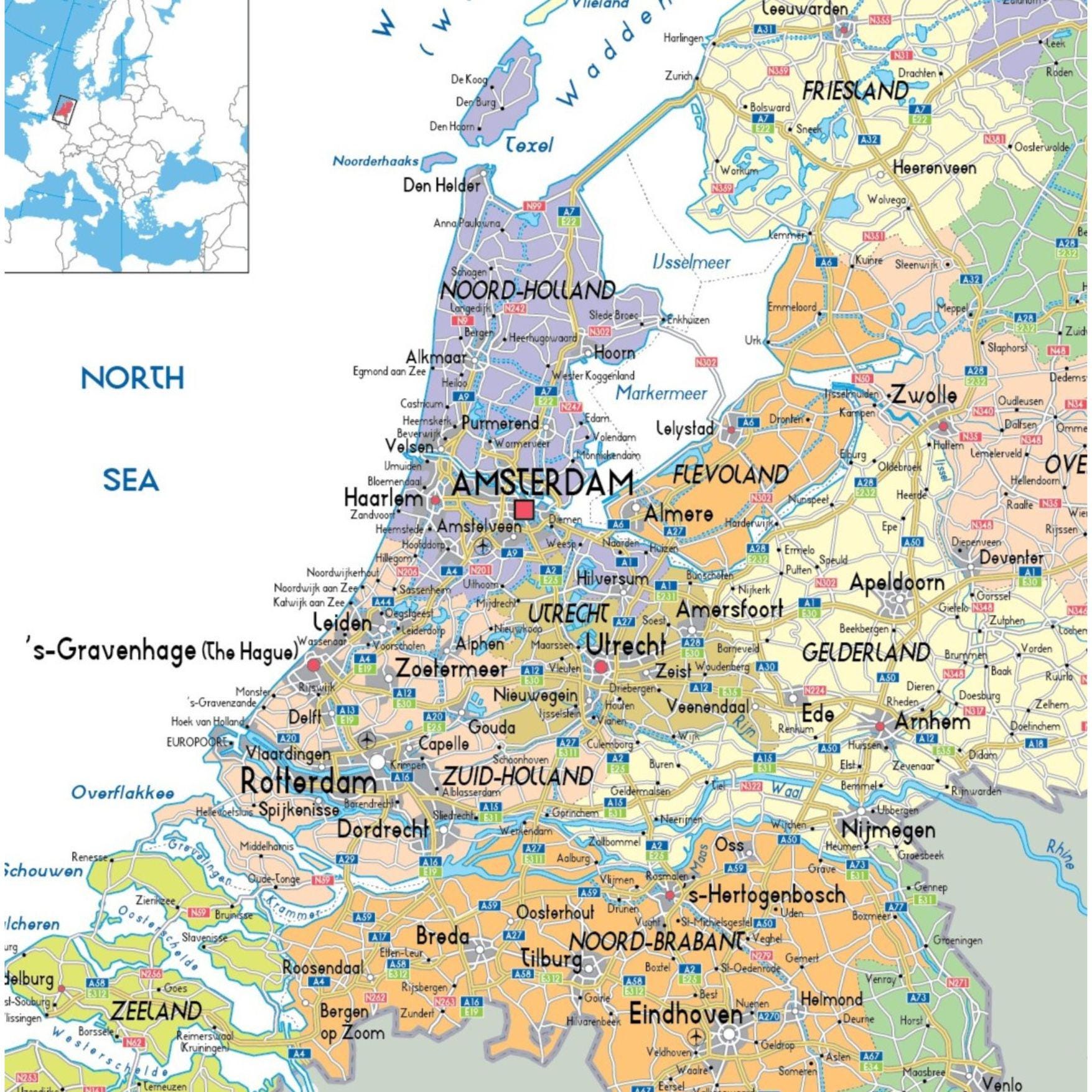 Printable Netherlands Political Map + Topography & Roads - Etsy