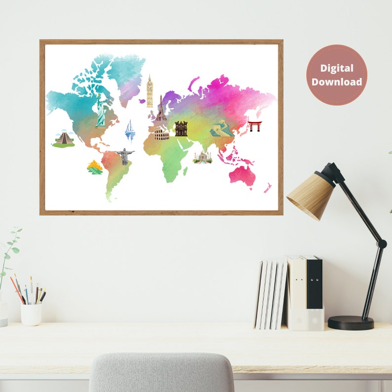 Printable World Map with Iconic monuments, including the Seven Wonders ...