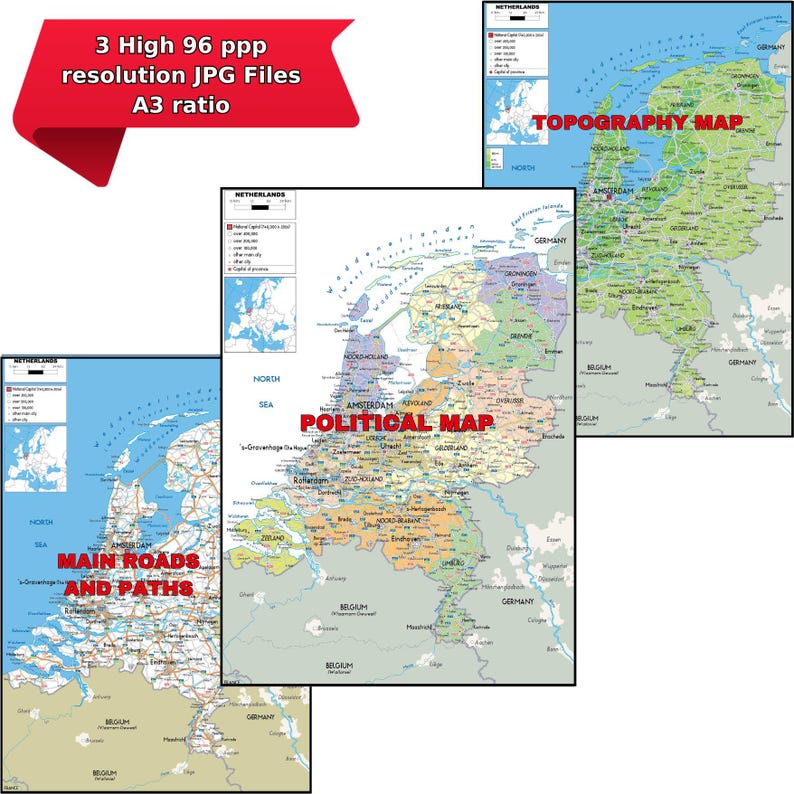 Printable Netherlands Political Map + Topography & Roads - Etsy