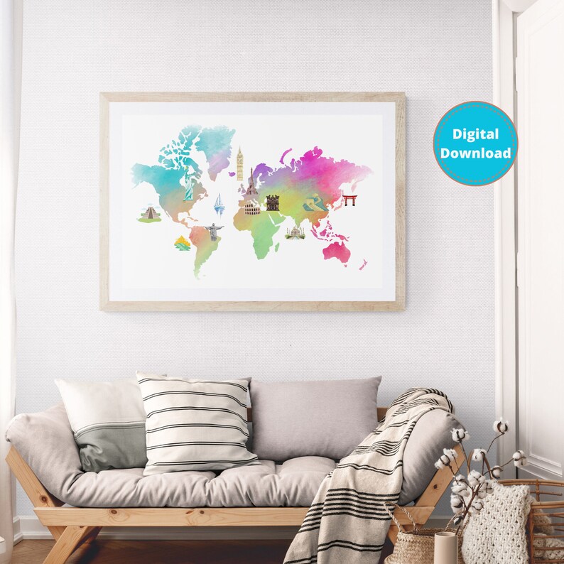 Printable World Map with Iconic monuments, including the Seven Wonders ...