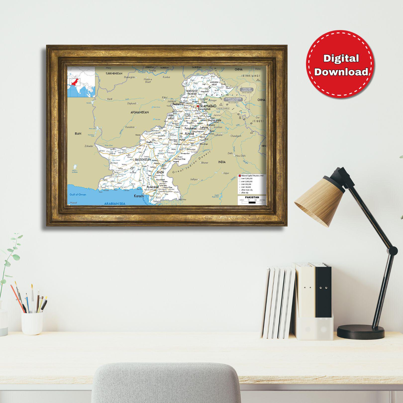 Political Map of Pakistan + Topography & Roads - Etsy